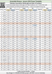 Prayers Timetable January 2022 – Annandale Mosque